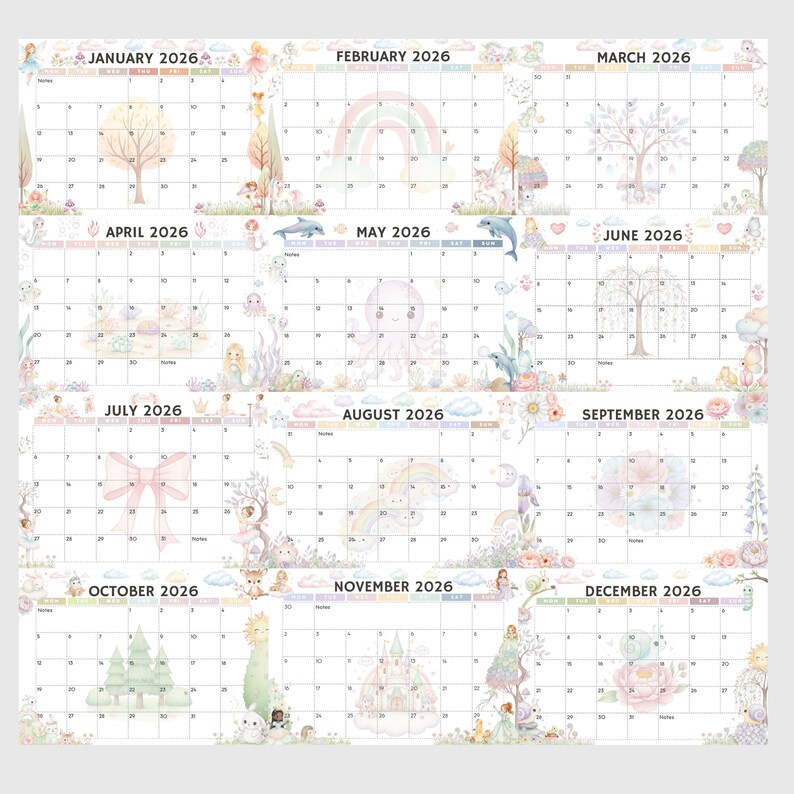 2026 Kids Calendar Printable, Pastel Princess Theme (PLR Resell Rights ...