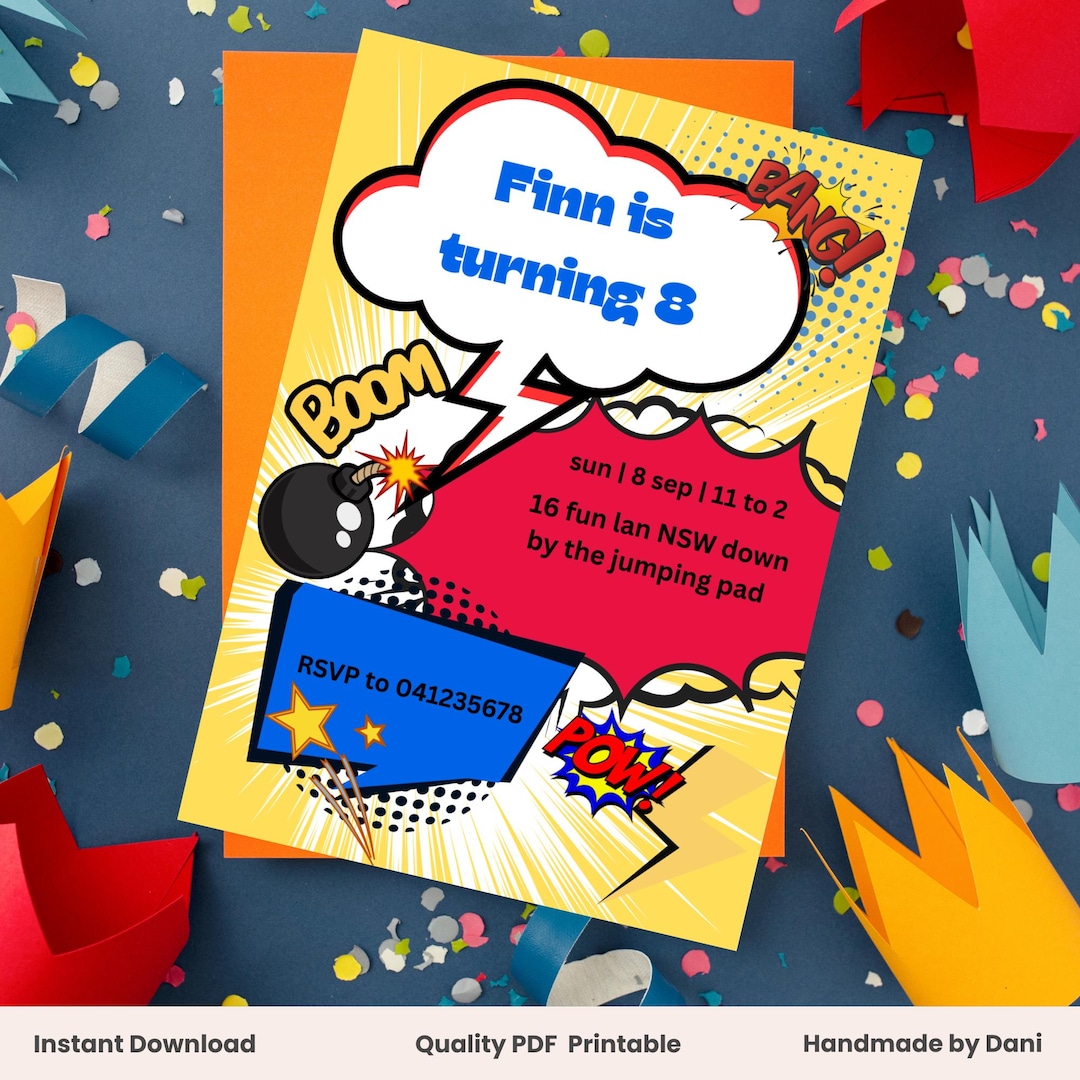 BOOM! Comic Book Birthday Invitation • Colorful & Fun Party Invite for ...