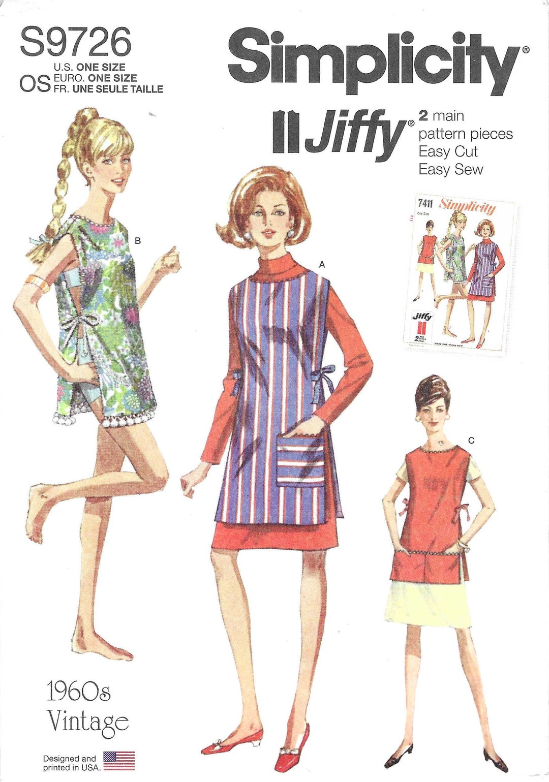 Simplicity Jiffy Pattern S9726 1960's Easy Retro Repro Pullover Apron ...