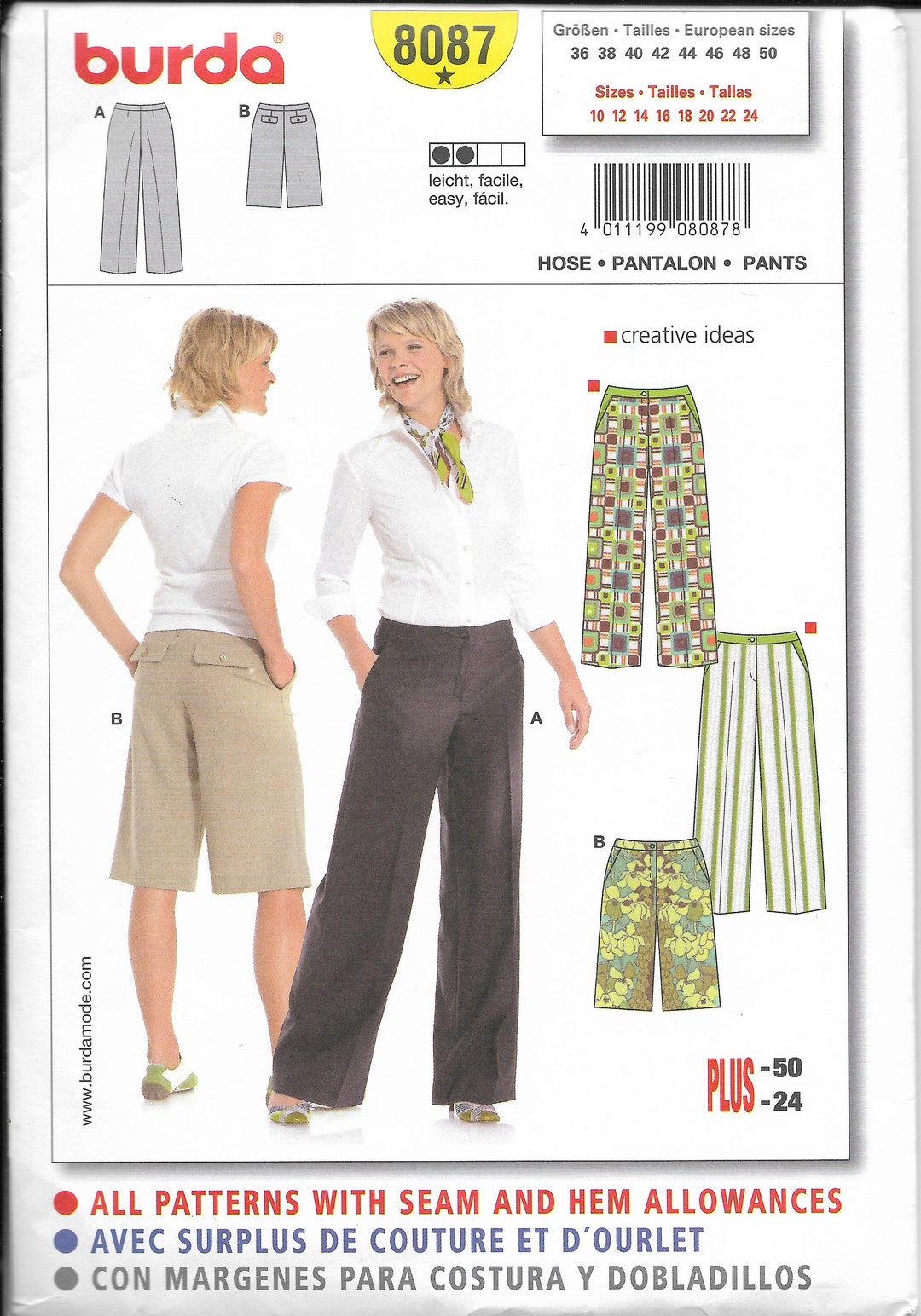 Burda Pattern 8087 Straight Wide Leg Pants or Long Shorts With - Etsy
