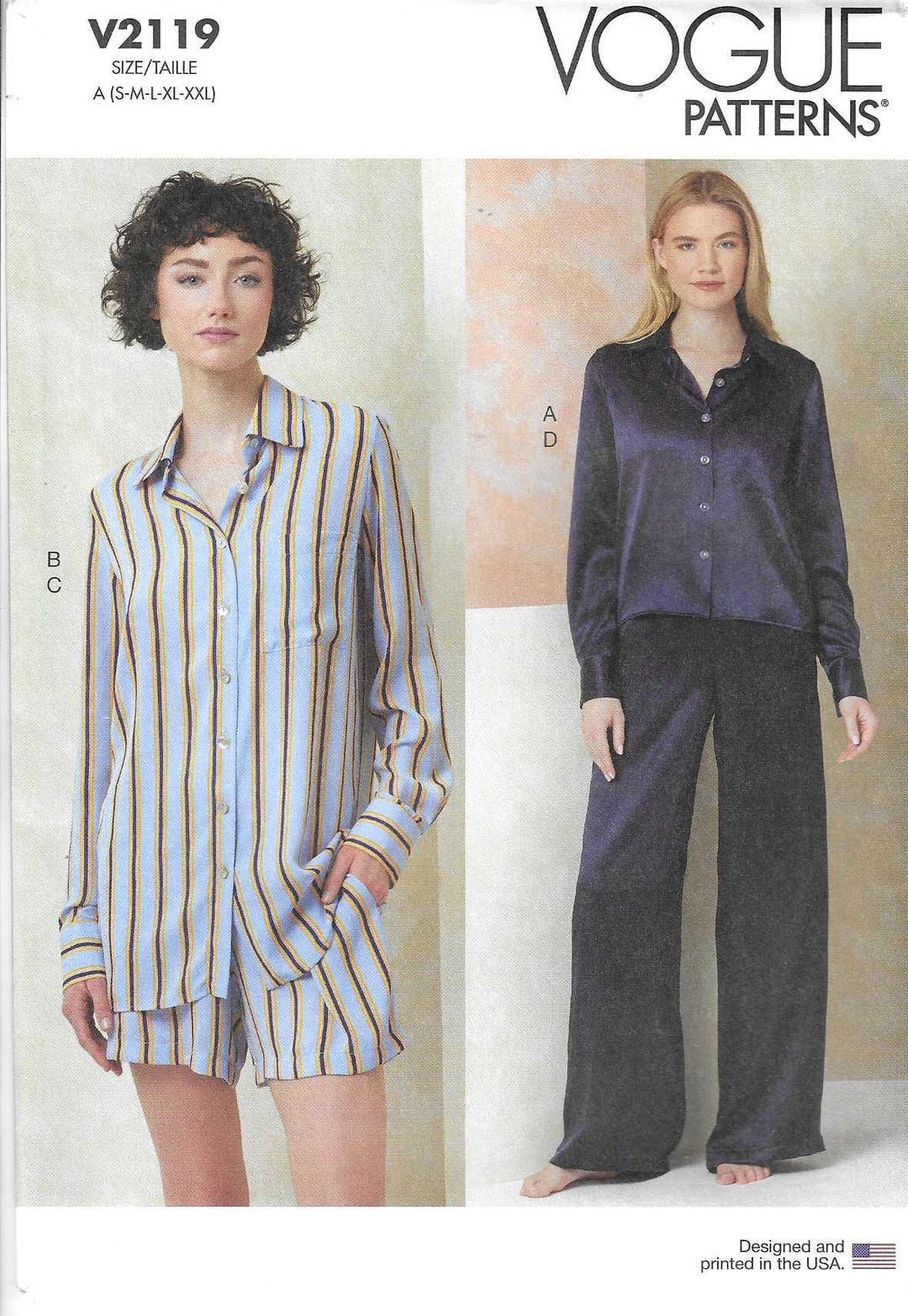 Vogue Pattern V2119 Loose Fitting Pajama Tops W/ Collar, Button Front ...