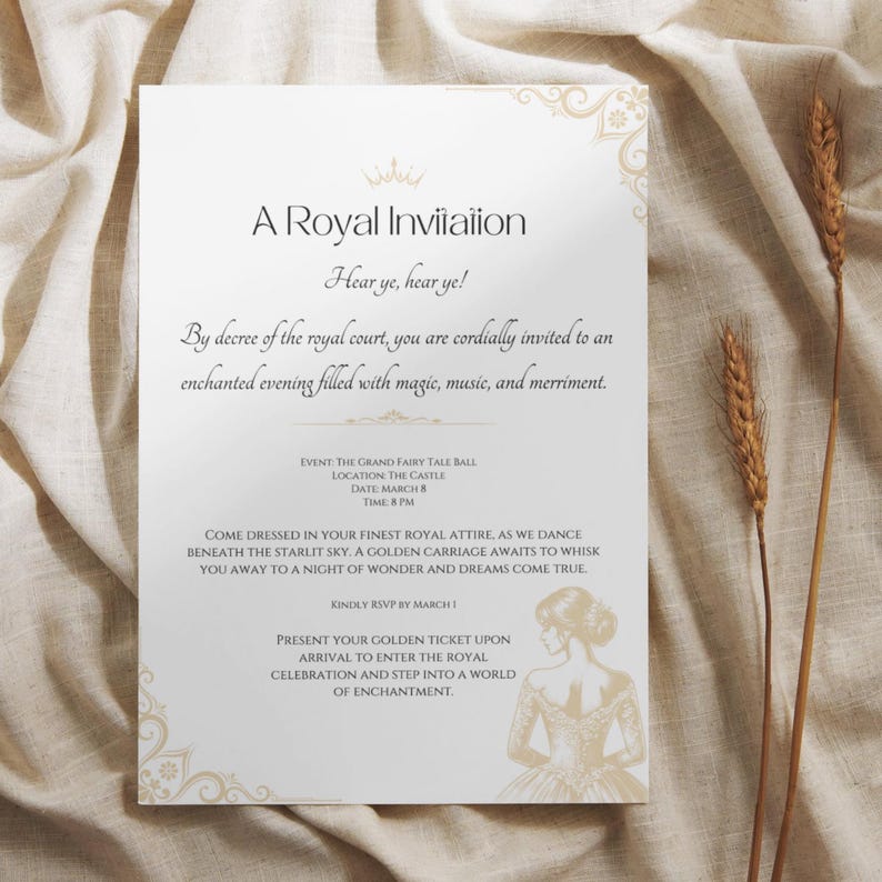 Elegant Royal Invitation & Golden Ticket | Editable Fairy Tale Ball ...