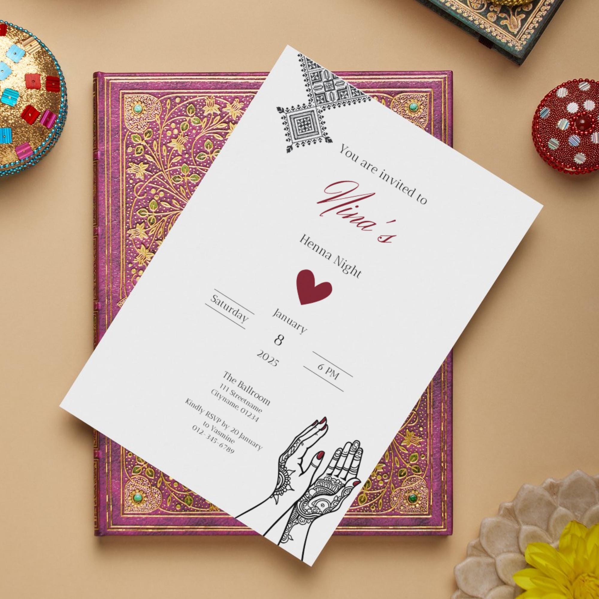 Editable Henna Night Invitation + Welcome Card Template | Elegant ...