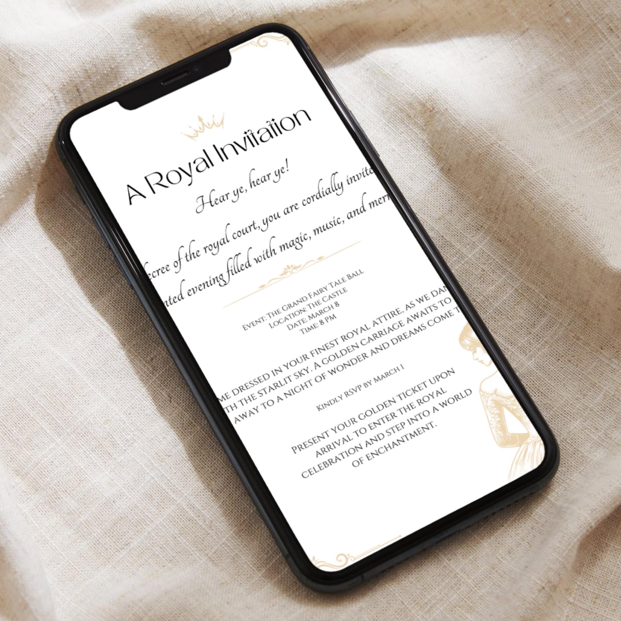 Elegant Royal Invitation & Golden Ticket | Editable Fairy Tale Ball ...
