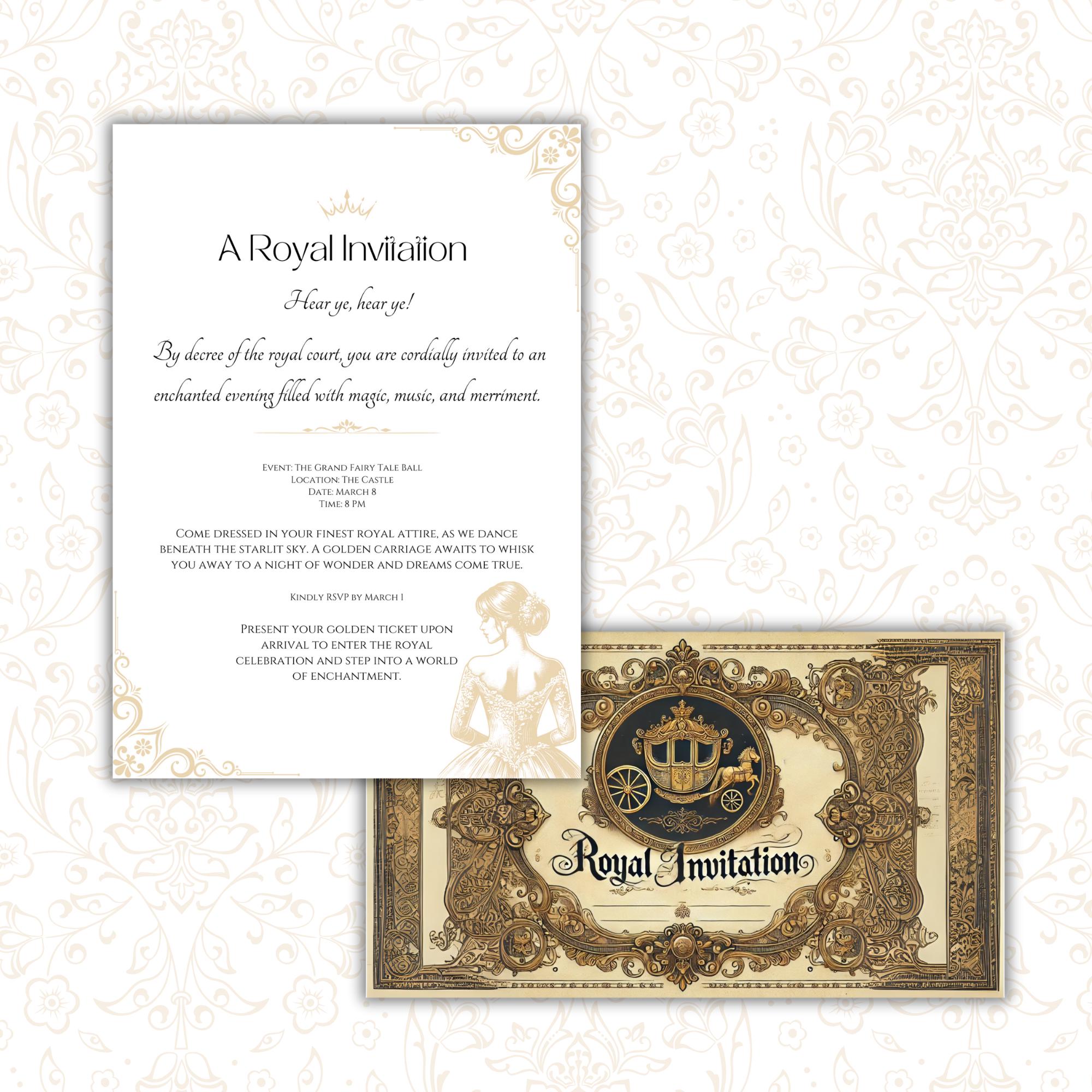 Elegant Royal Invitation & Golden Ticket | Editable Fairy Tale Ball ...