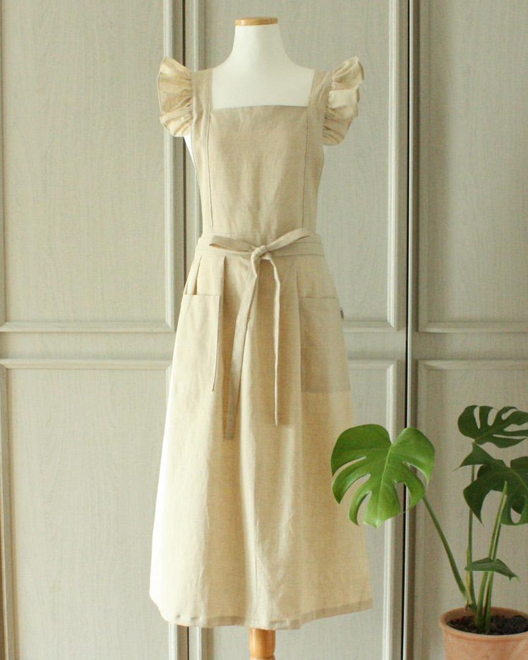 Frill Linen Cotton Apron: Korean-made Women's Workwear With Pockets - Etsy