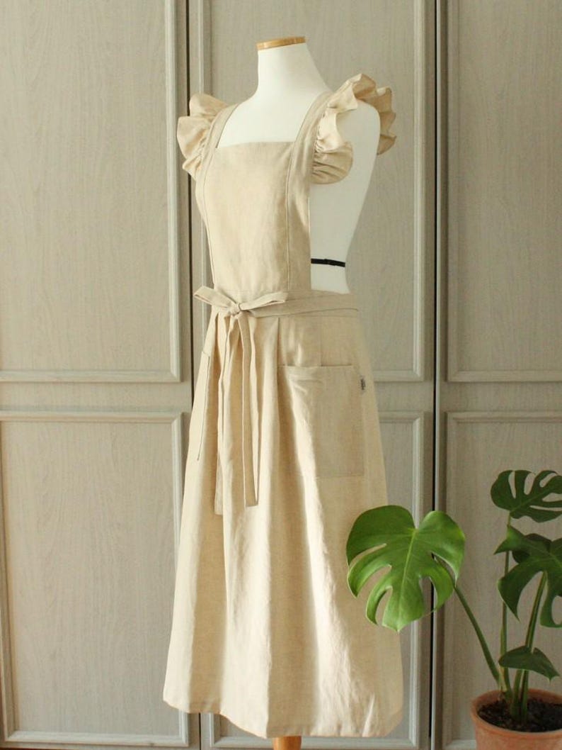 Frill Linen Cotton Apron: Korean-made Women's Workwear With Pockets - Etsy