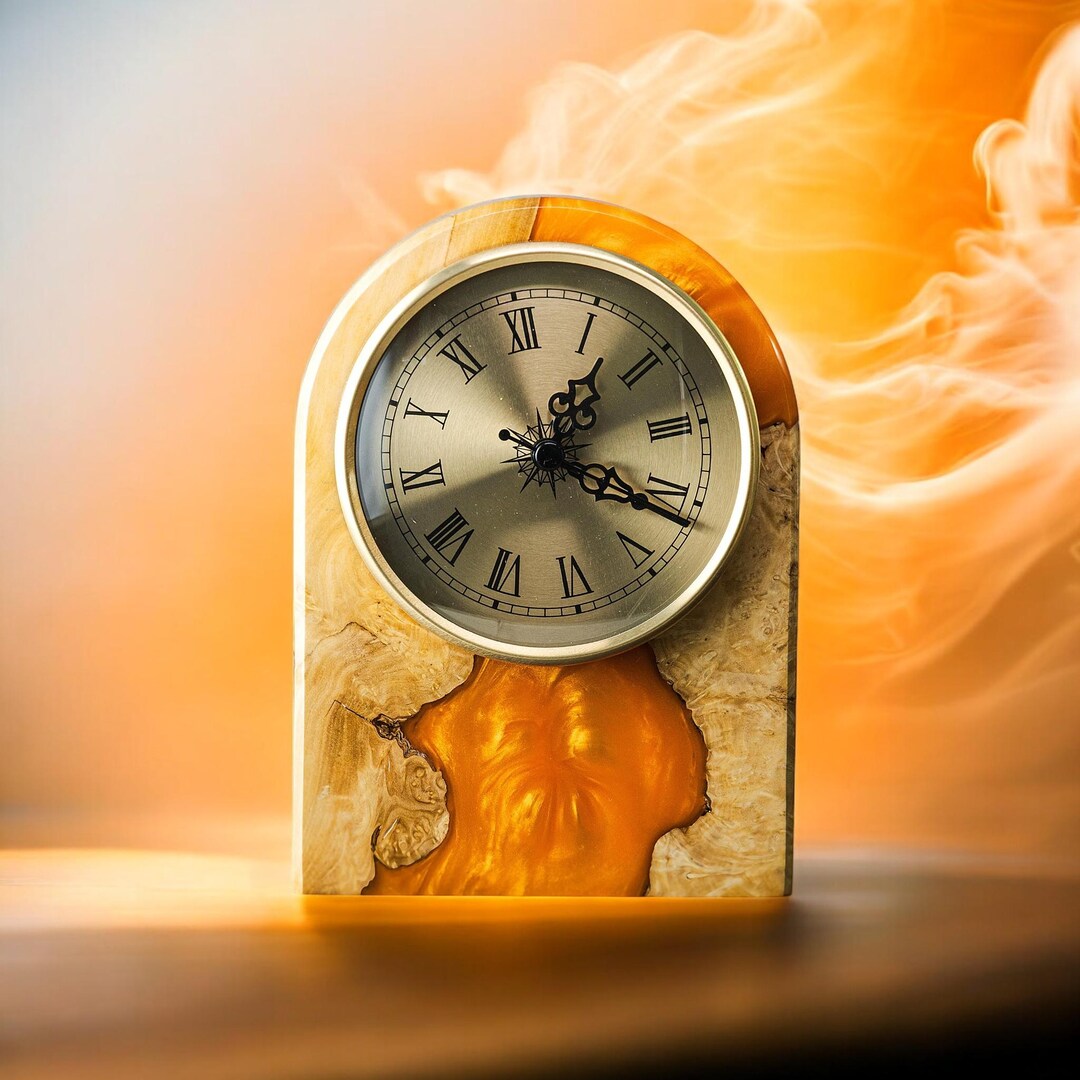 Wooden and Epoxy Resin Orange Desk Clock, Artisan Desk Clock Wood and ...