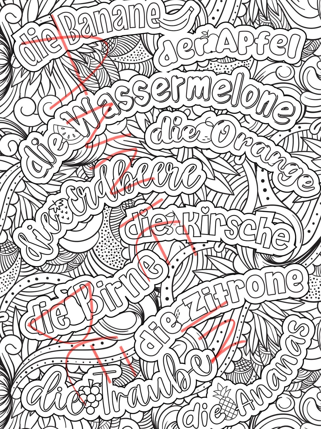 Fruit - German Learning Made Fun. Coloring Pages for Adults. Color in ...