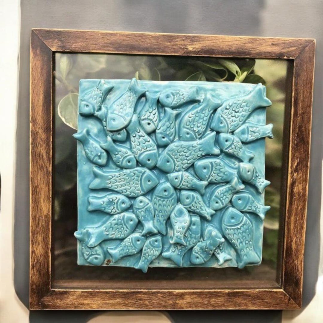 Fish Design Ceramic Wall Panel With Wooden Frame 29 Cm Width - Etsy