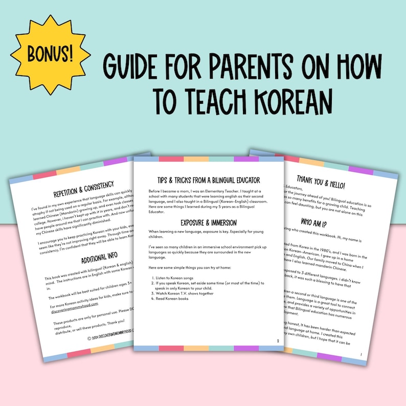 Learn Hangul Korean Workbook for Kids: Bilingual Activity Sheets (PDF ...