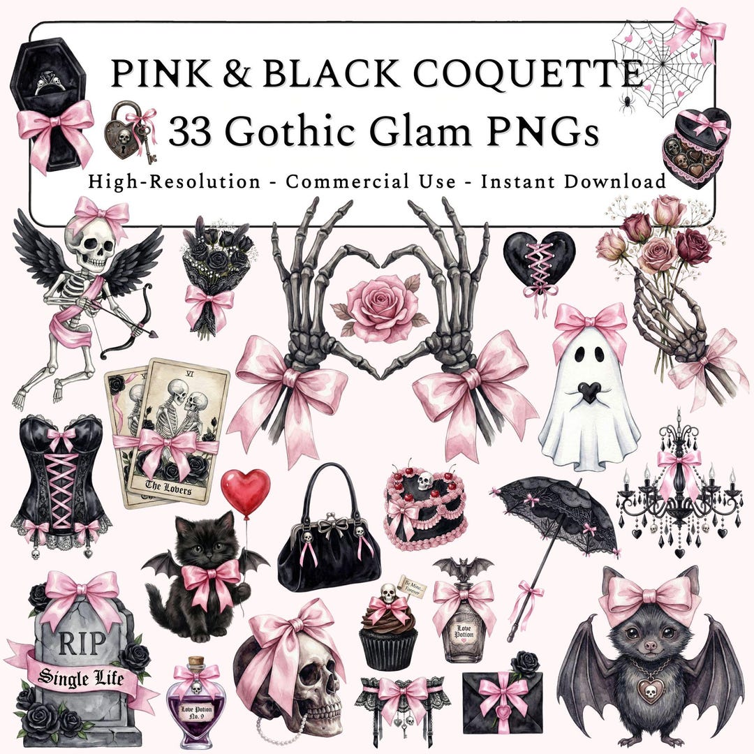 Goth Coquette PNG Bundle, 33 Pink and Black Gothic Glam Clipart, Spooky ...
