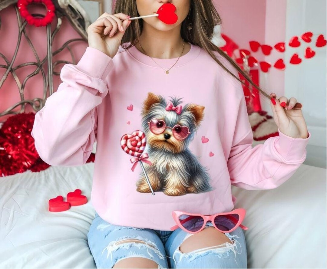 Yorkie Dog Valentine PNG, Cute Puppy, Pink Lollipop, Heart Sunglasses ...