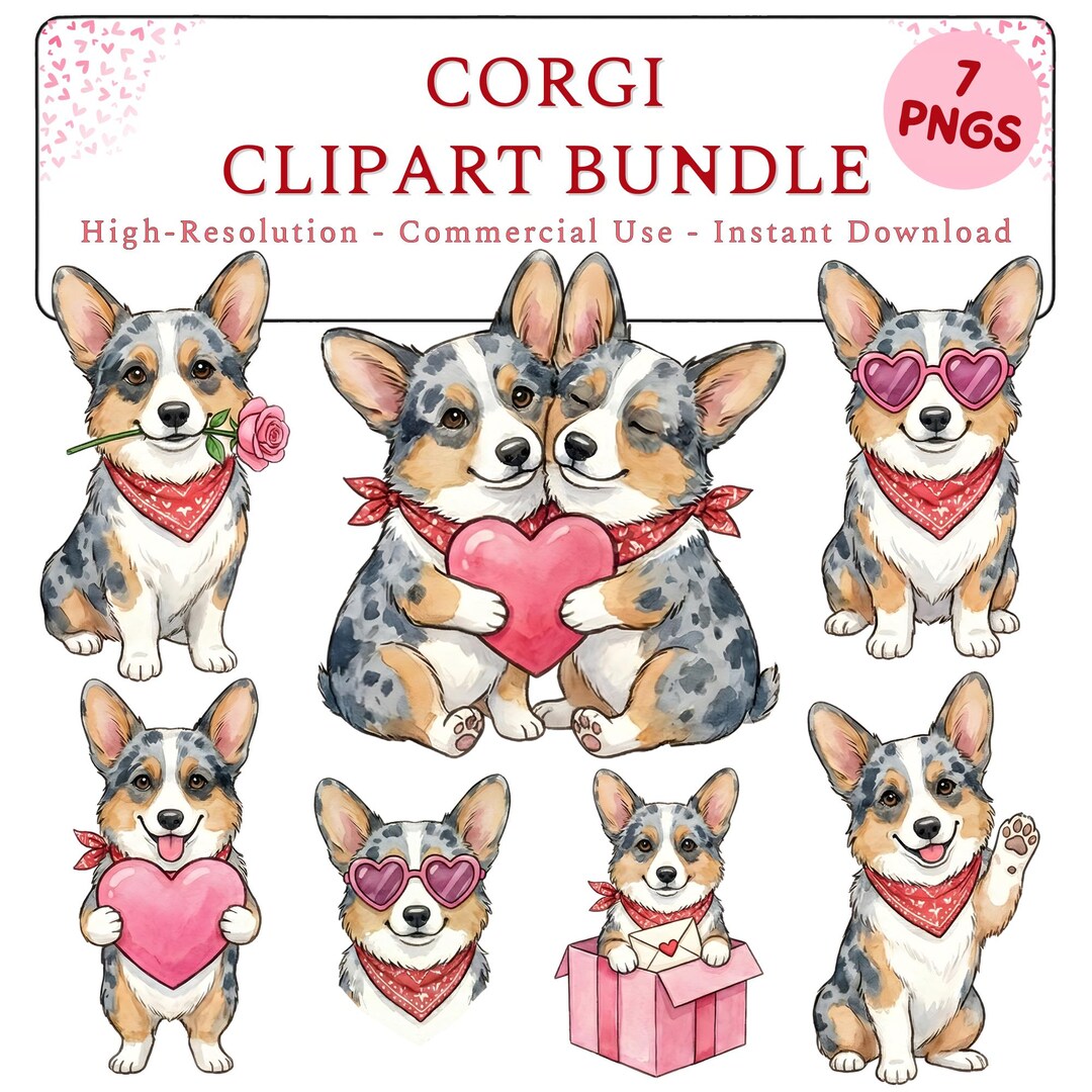 Blue Merle Corgi Valentine PNG Clipart, Watercolor Puppy Designs - Etsy