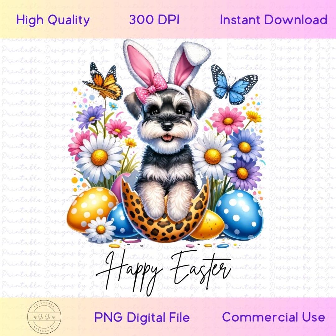 Schnauzer Dog Easter PNG, Cute Puppy, Bunny Ears, Easter Eggs ...