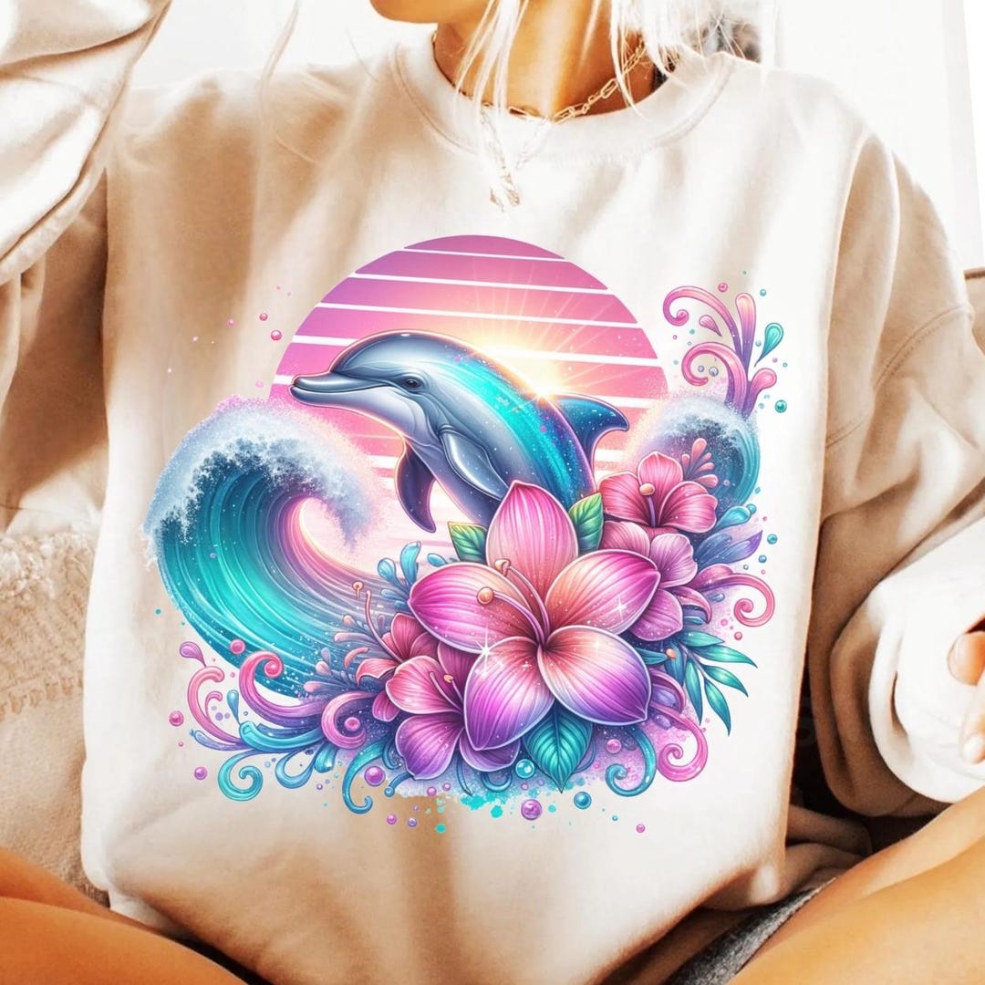 Retro Dolphin PNG Clipart, 80s Vaporwave Floral Sunset Design - Etsy