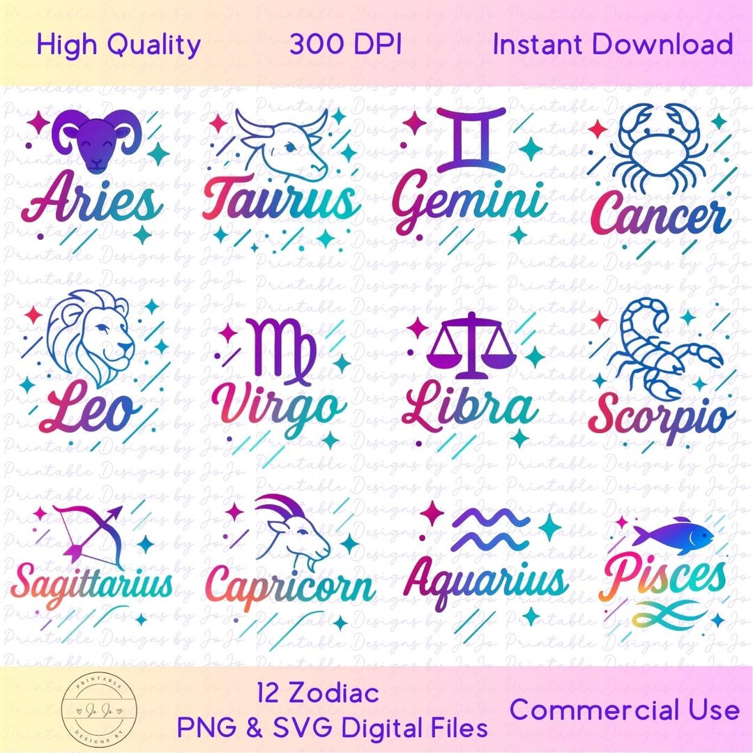 Zodiac Png Bundle - Horoscope Png - Print File - Astrology Sublimation ...