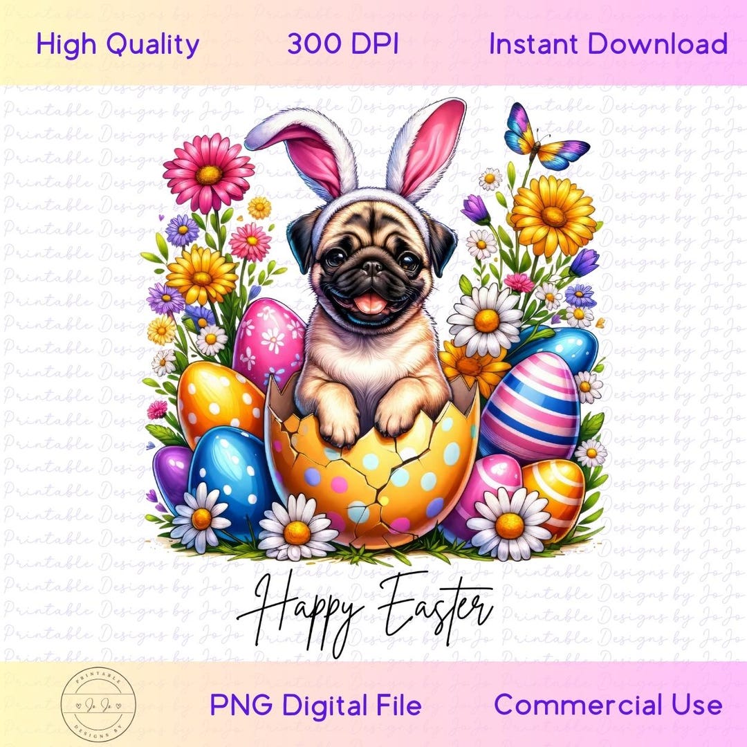 Easter Pug PNG, Bunny Ears, Floral Egg (digital Download) - Etsy