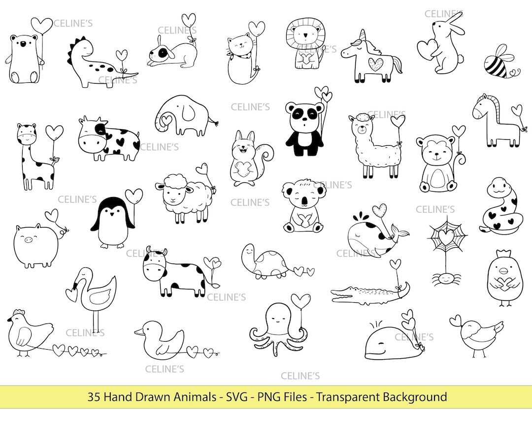 Cute Hand Drawn Animals Cliparts - Animals With Heart - SVG & PNG Files ...