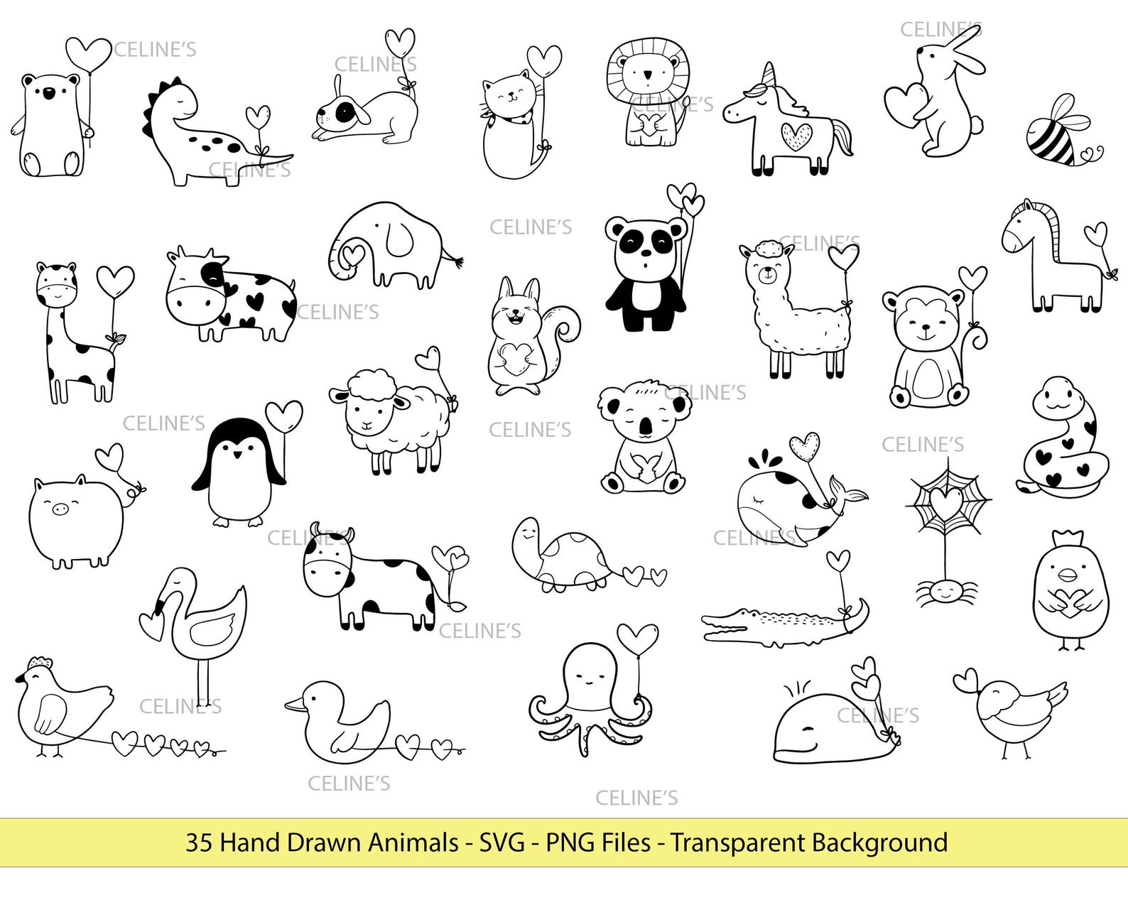 Cute Hand Drawn Animals Cliparts - Animals With Heart - SVG & PNG Files ...