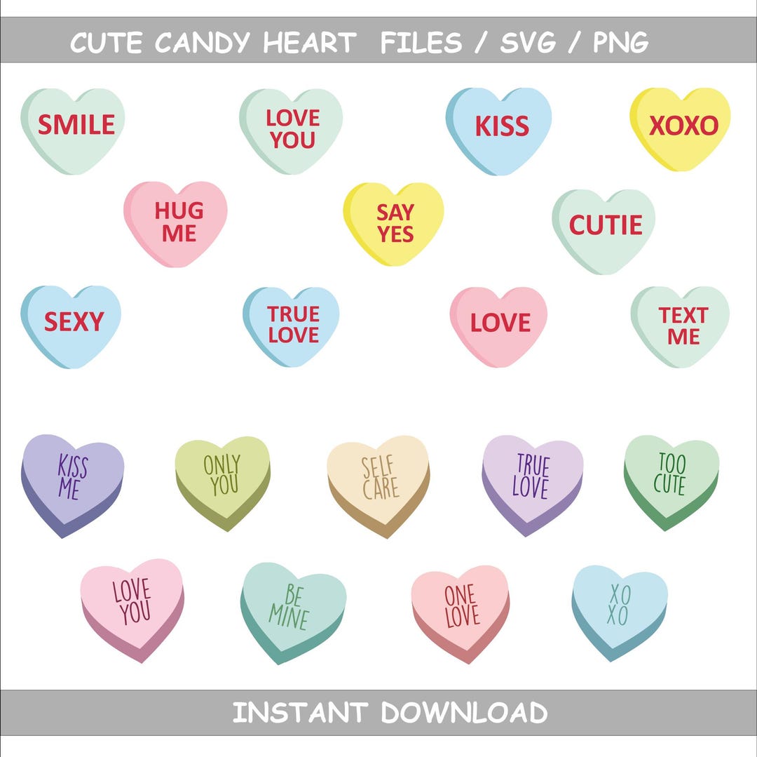 Candy Hearts SVG & PNG Files, Candy Hearts Clipart, Candy Hearts, Heart ...