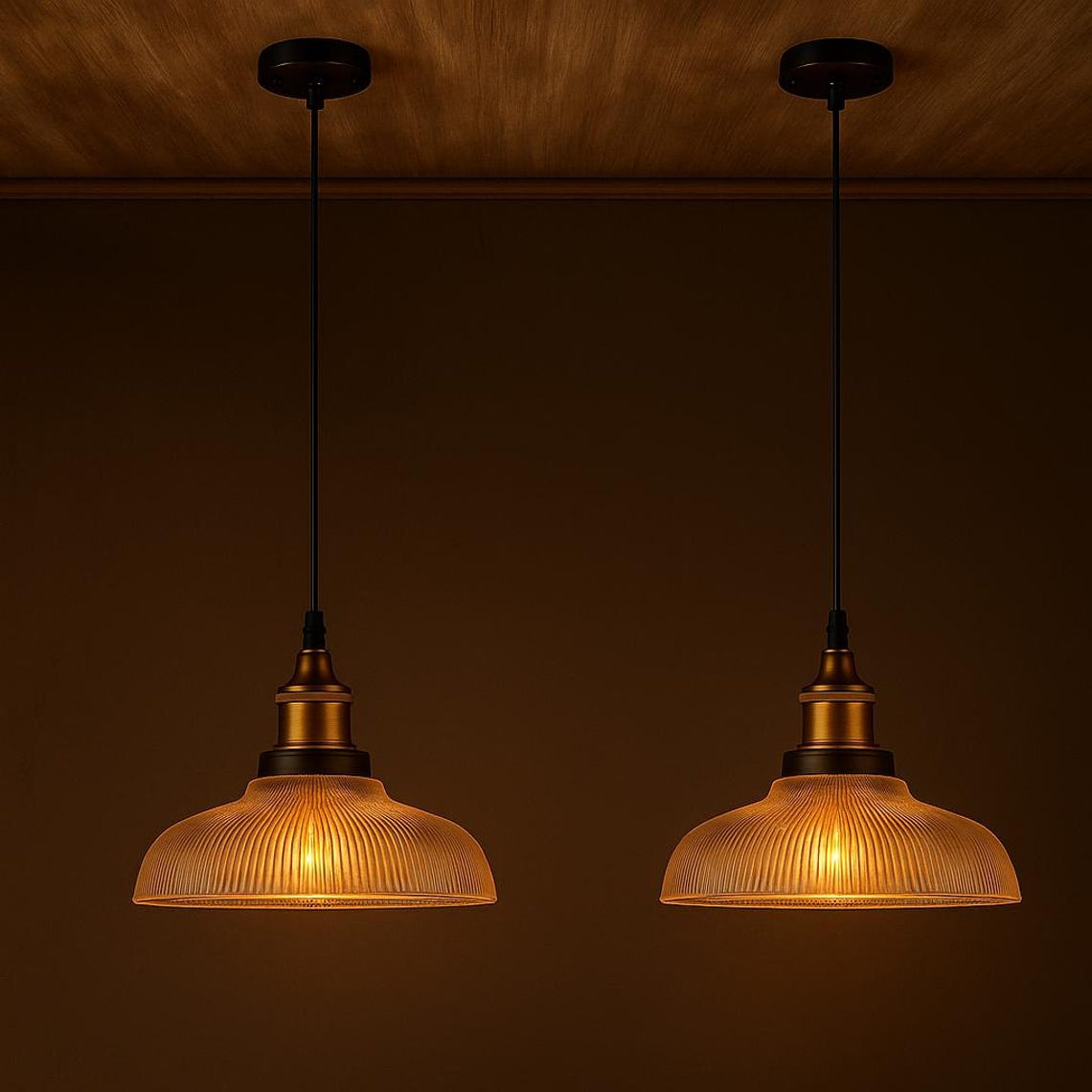 Vintage Ribbed Glass Pendant Light: Antique Brass LED Ceiling Lamp - Etsy