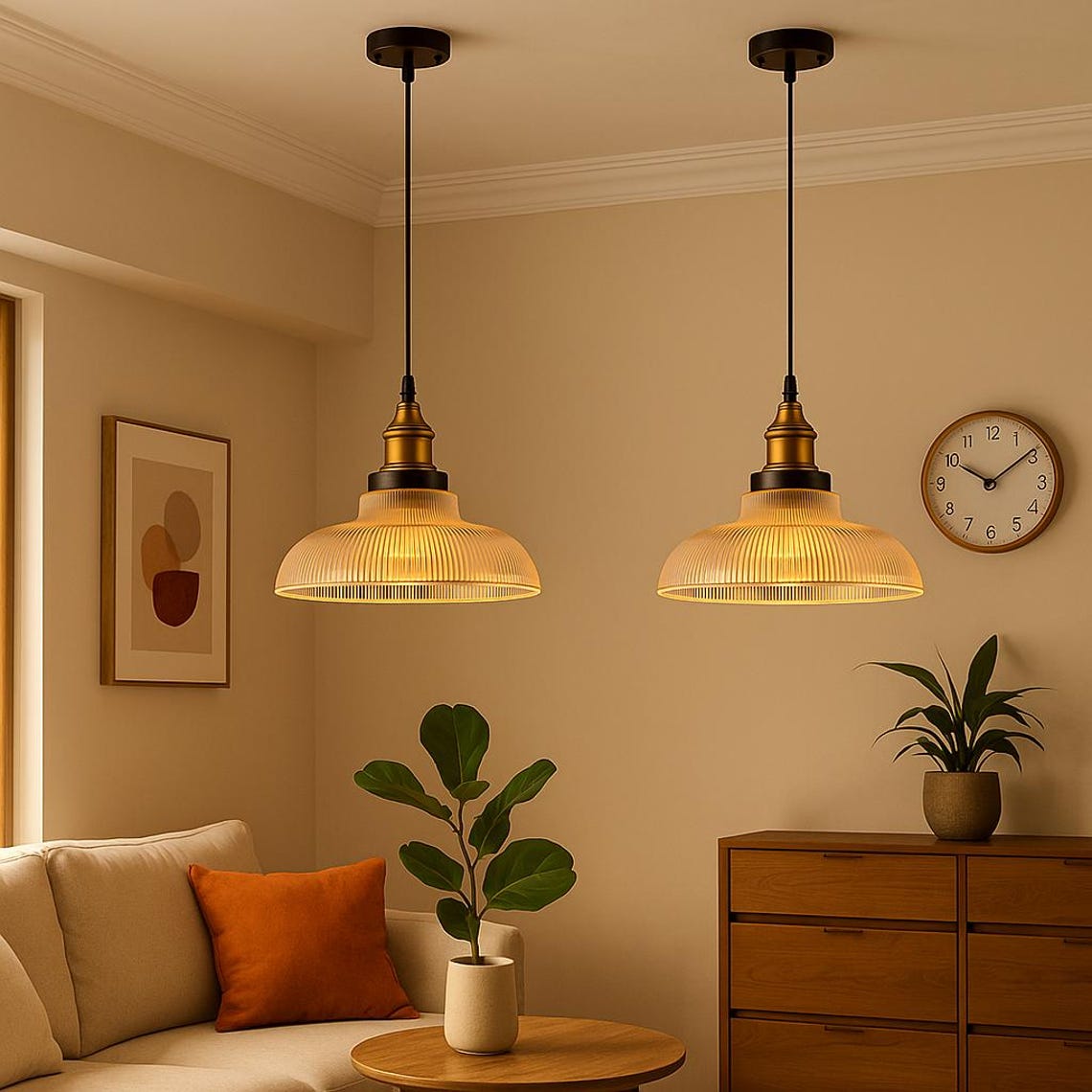 Vintage Ribbed Glass Pendant Light: Antique Brass LED Ceiling Lamp - Etsy