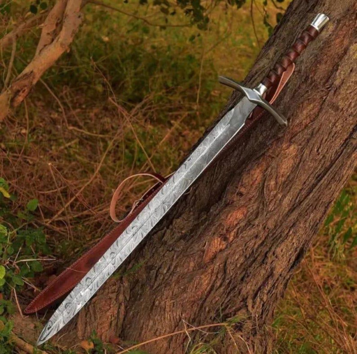 Hand Forged Damascus Steel Sword Rose Wood Handle With Leather Sheath ...