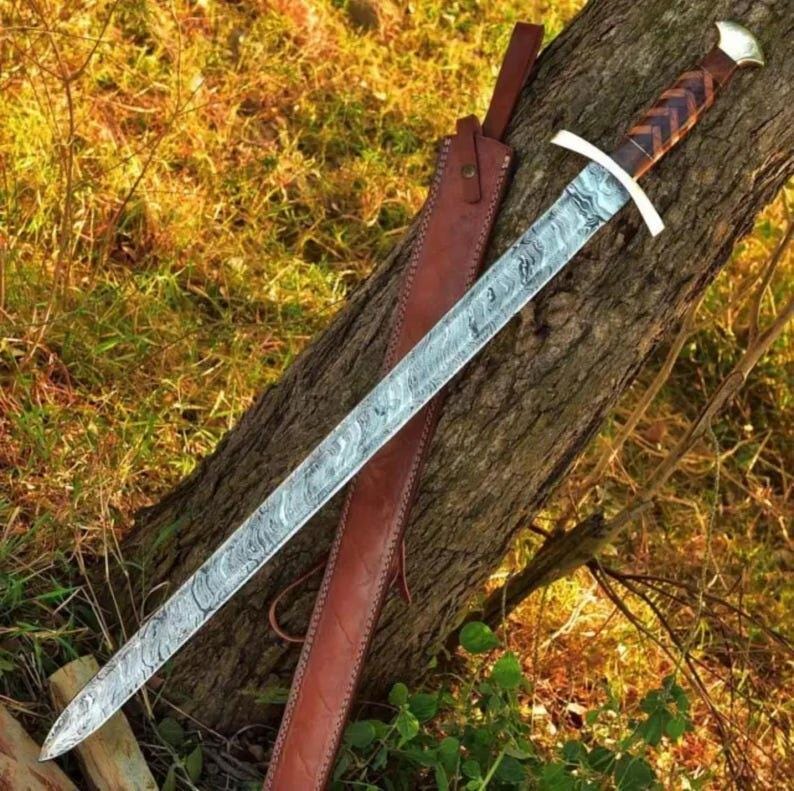 Hand Forged Damascus Steel Sword, Rose Wood Handle, Leather Sheath - Etsy