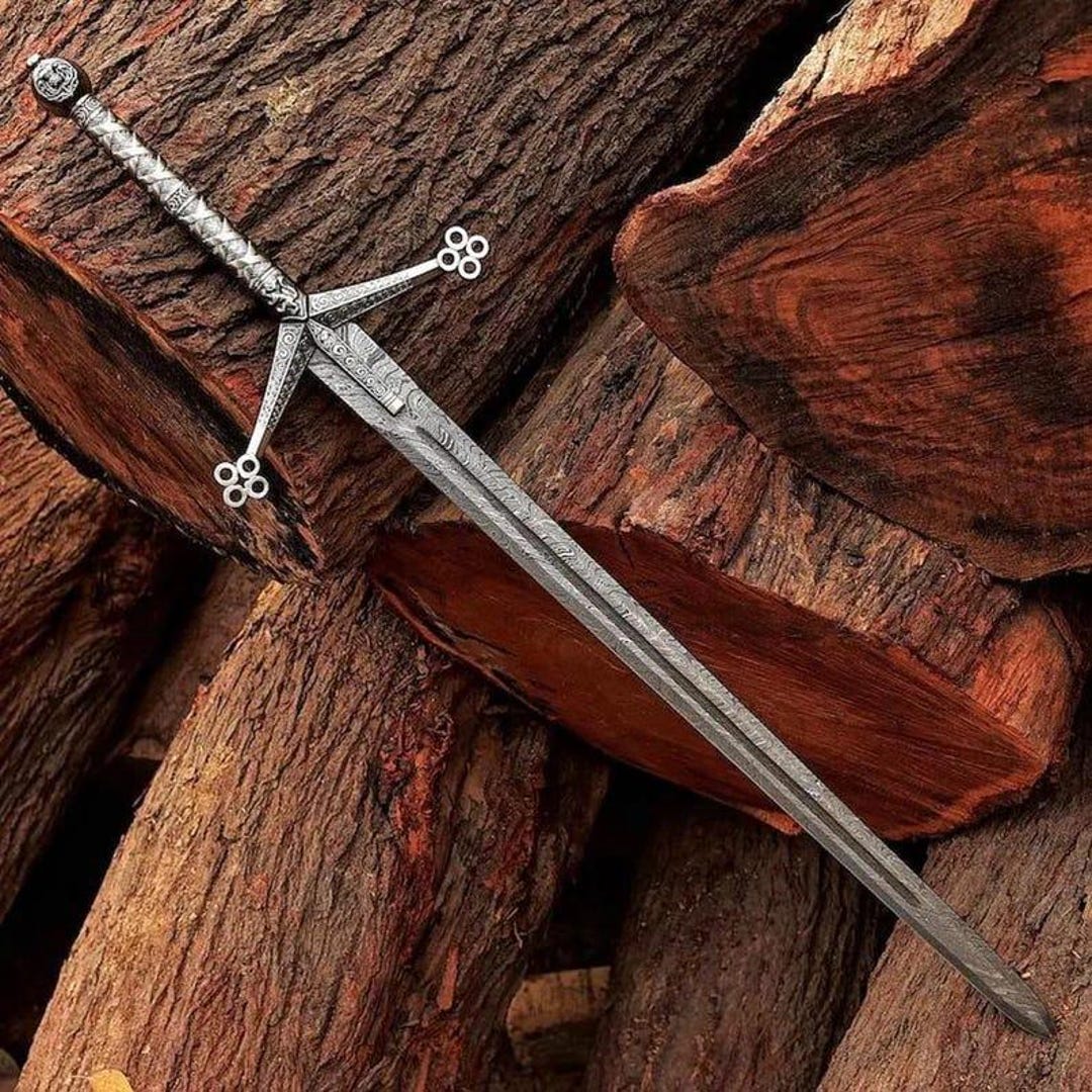Handmade Damascus Steel Claymore Sword, Viking Valhalla, Leather Sheath ...