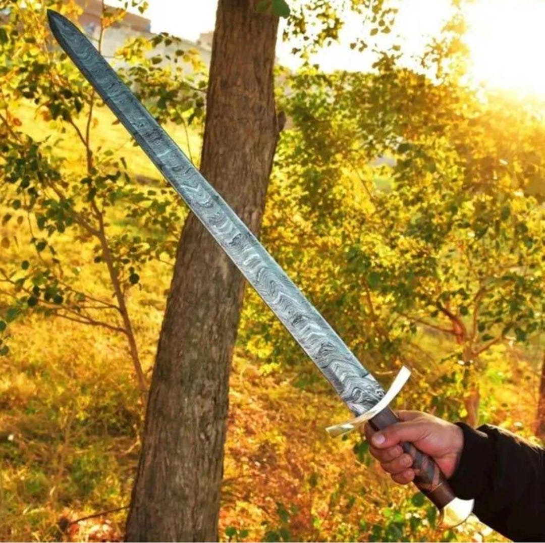 Hand Forged Damascus Steel Sword, Rose Wood Handle, Leather Sheath - Etsy