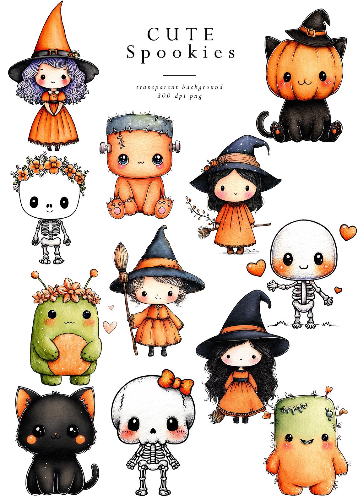 Cute Halloween Clipart PNG | Kawaii Ghost Cat Pumpkin Skeleton Candy ...