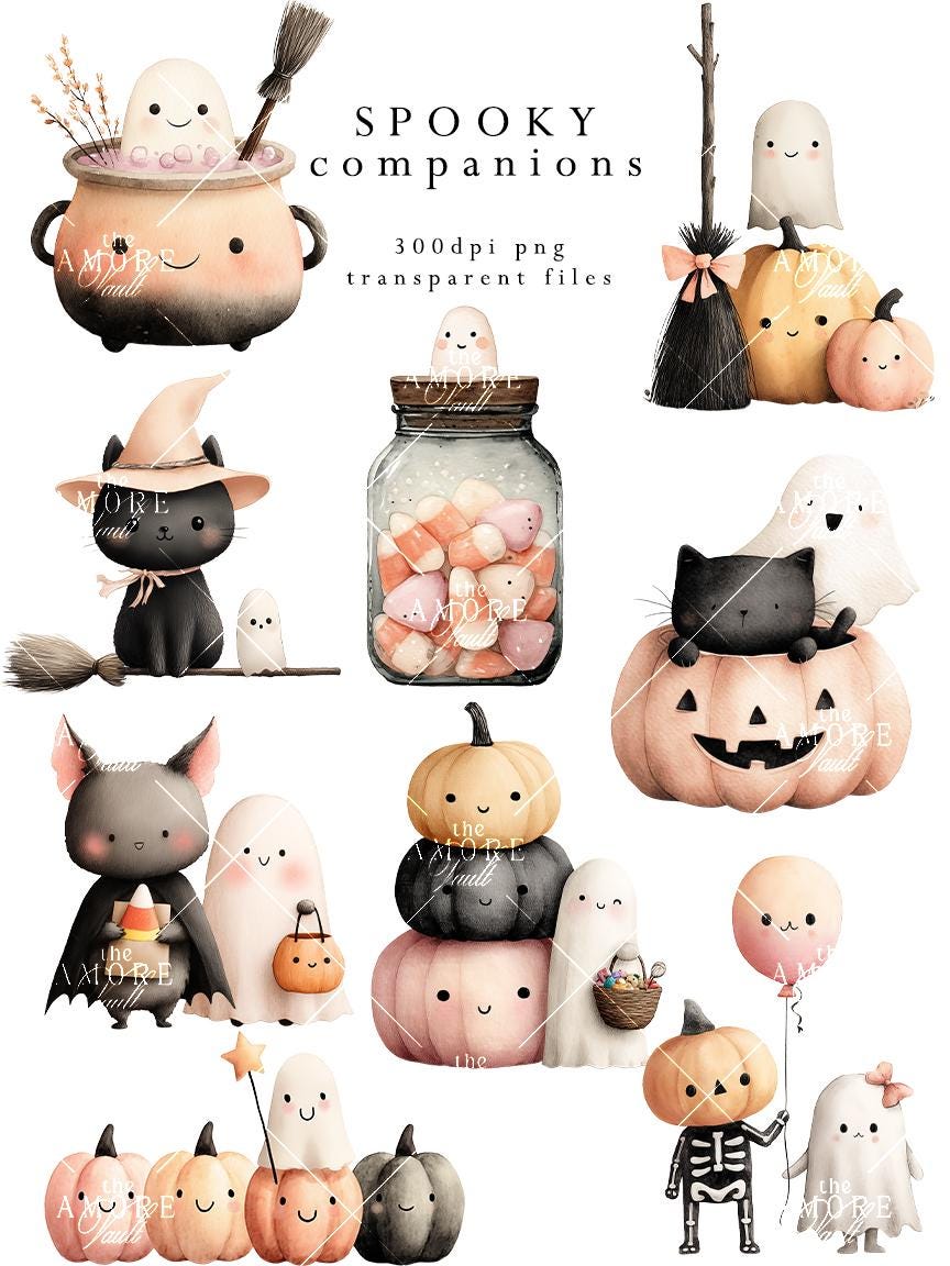 Halloween Watercolor Clipart Set: Ghosts, Pumpkins, Cats (PNG Download ...