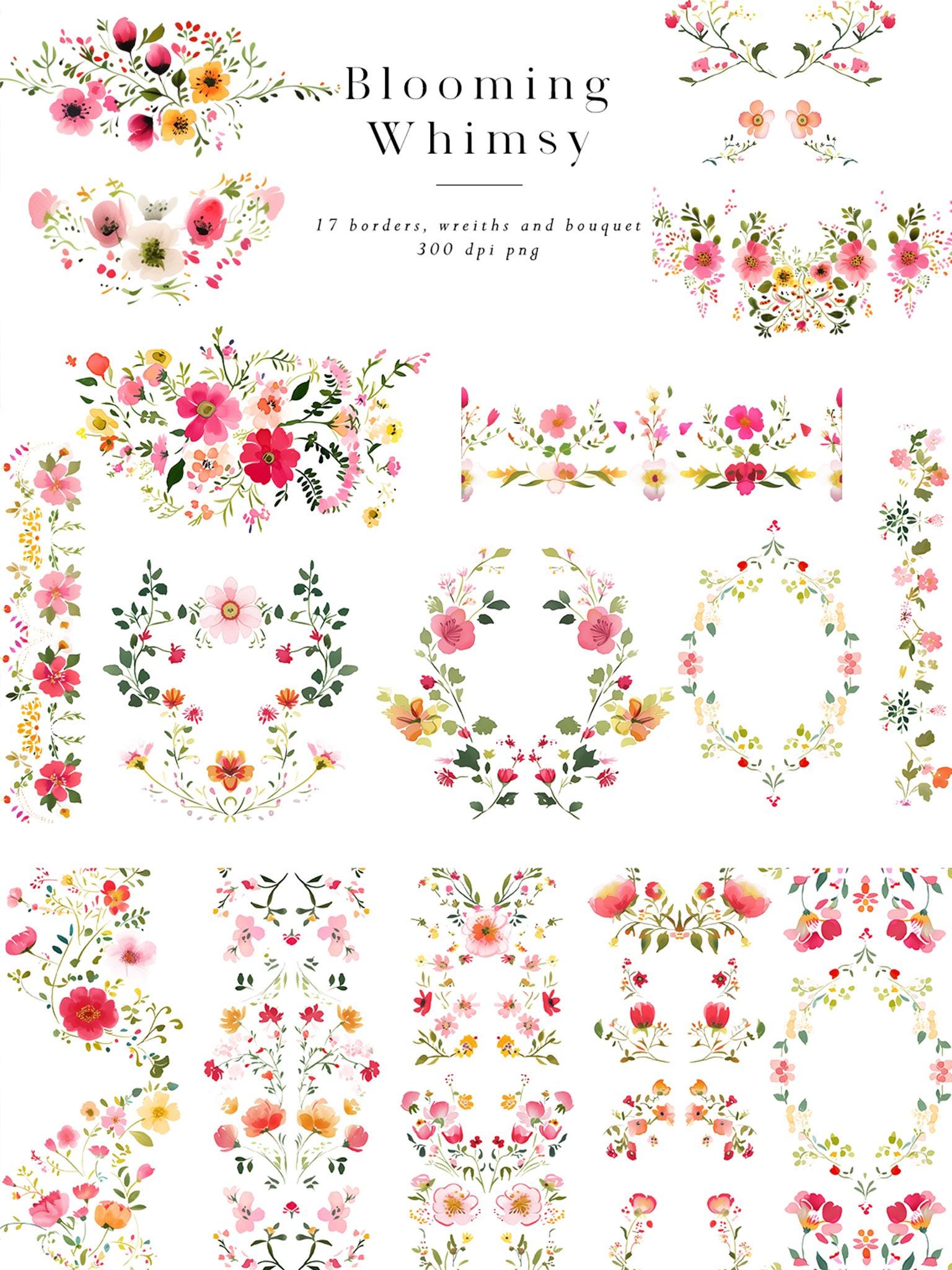 Vibrant Floral Clipart Set | Frames, Patterns & Elements for Weddings and Showers | Blooming ...