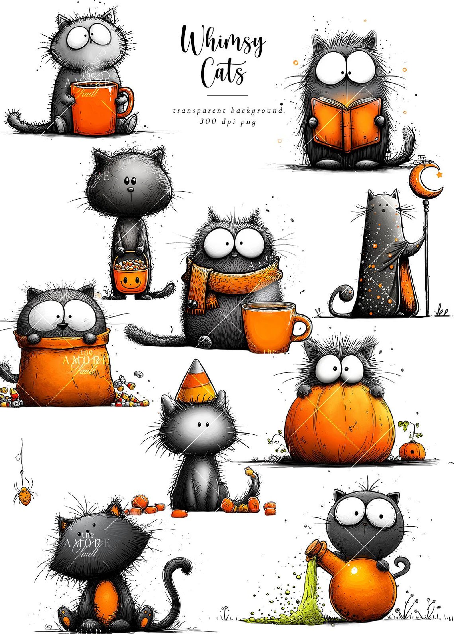 Halloween Cat Clipart PNG | Cute Black Cat PNG Bundle | Whimsy Cats ...