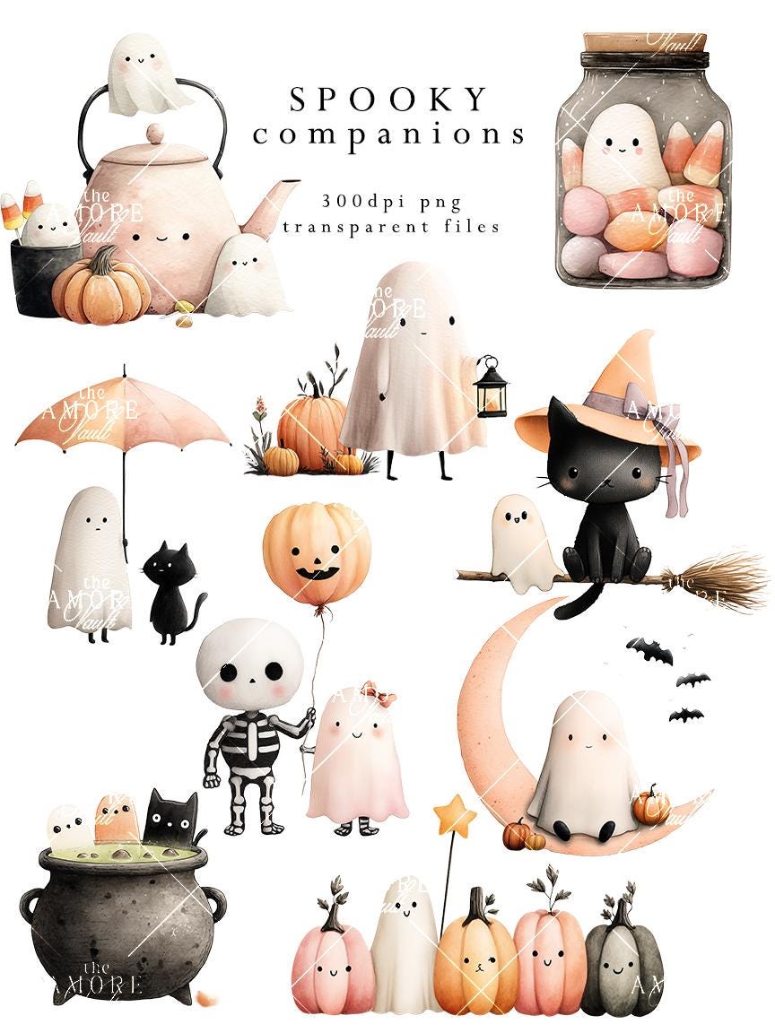 Halloween Watercolor Clipart Set: Ghosts, Pumpkins, Cats (PNG Download ...