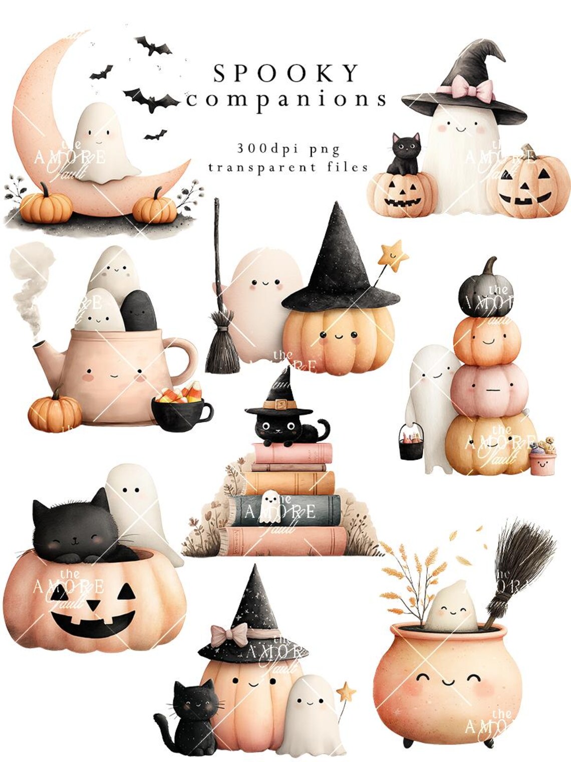 Halloween Watercolor Clipart Set: Ghosts, Pumpkins, Cats (PNG Download ...