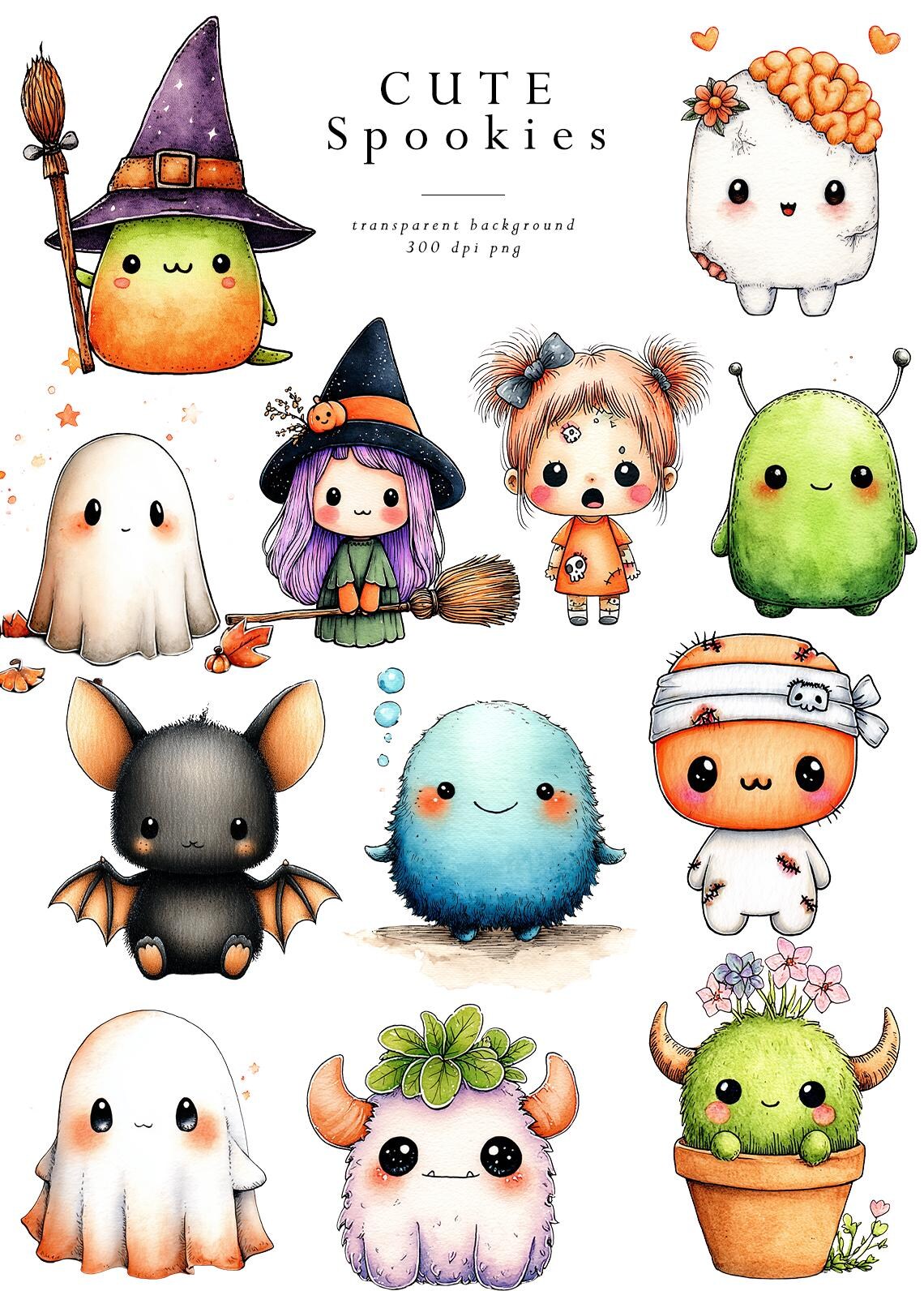 Cute Halloween Clipart PNG | Kawaii Ghost Cat Pumpkin Skeleton Candy ...