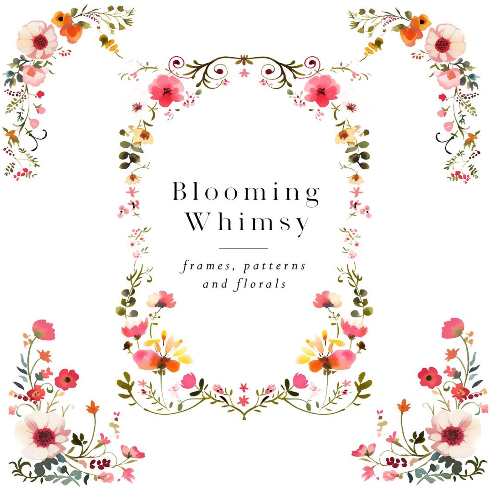 Vibrant Floral Clipart Set | Frames, Patterns & Elements for Weddings and Showers | Blooming ...
