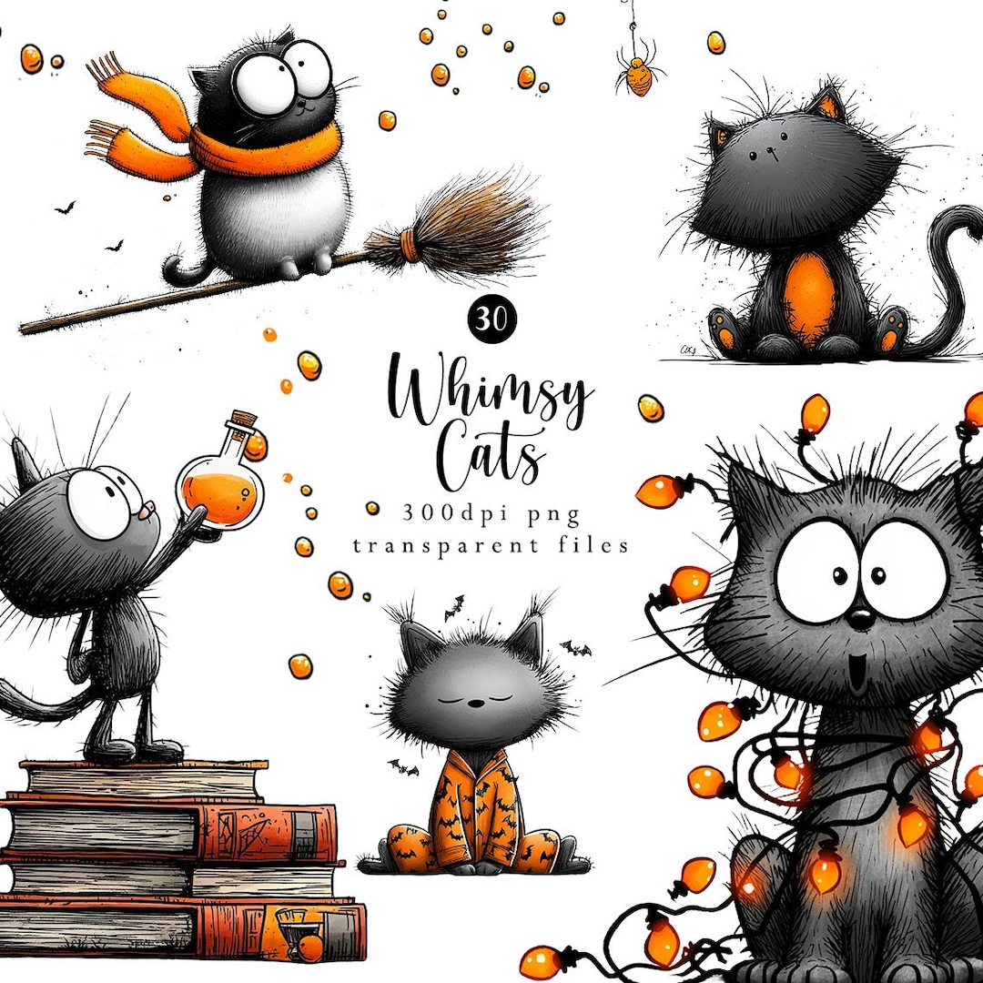 Halloween Cat Clipart PNG | Cute Black Cat PNG Bundle | Whimsy Cats ...