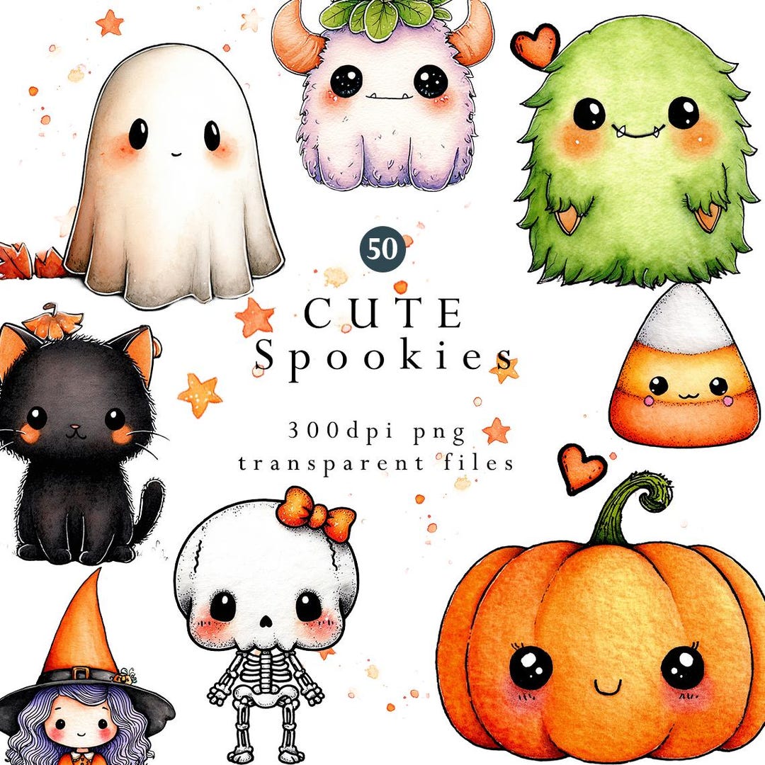 Cute Halloween Clipart PNG | Kawaii Ghost Cat Pumpkin Skeleton Candy ...