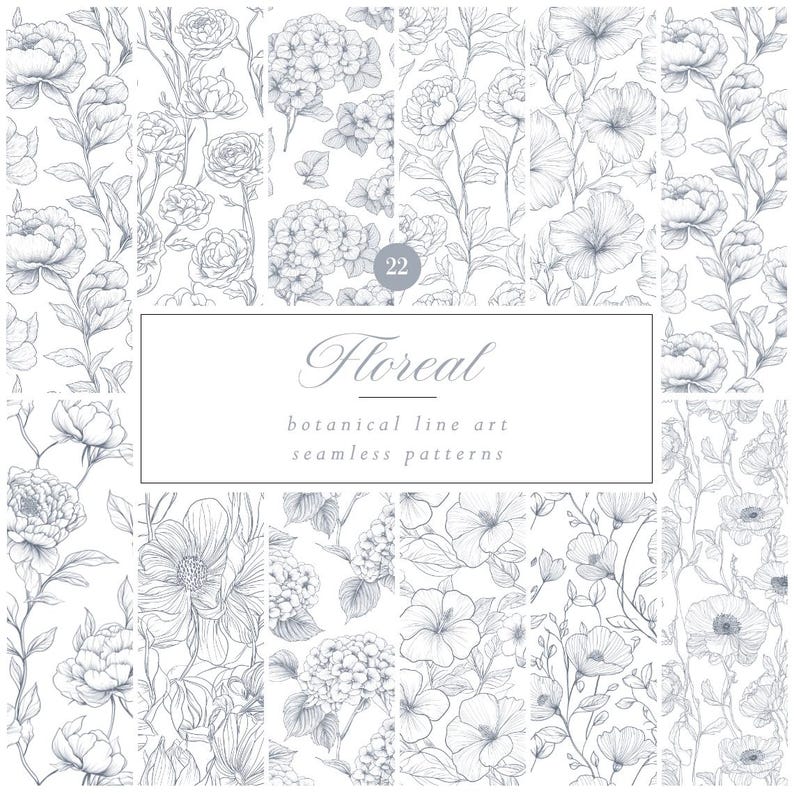 Botanical Line Art Patterns | Seamless Floral Digital Design | Elegant ...
