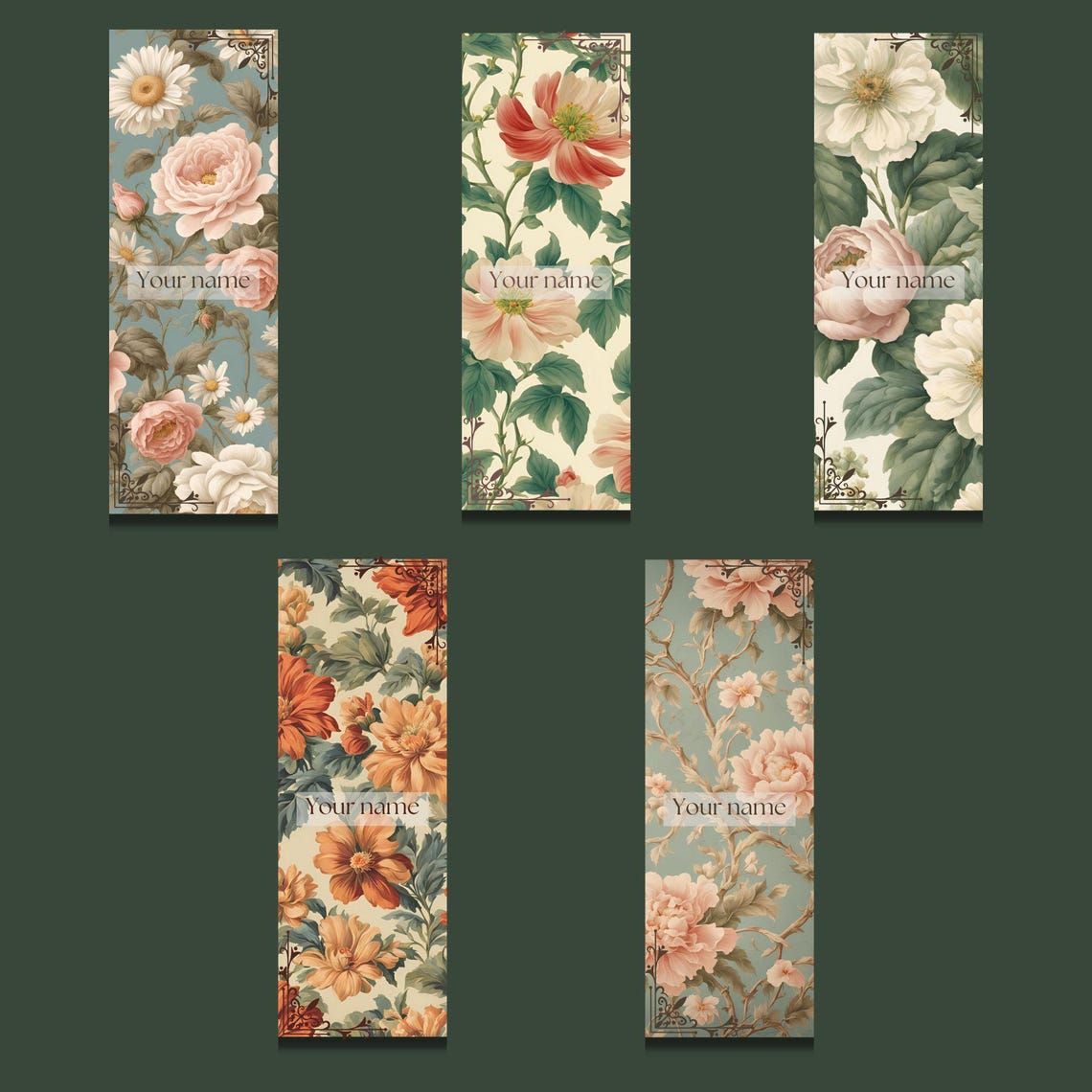 5 Vintage Customizable Flower Printable Bookmarks | Digital Download ...