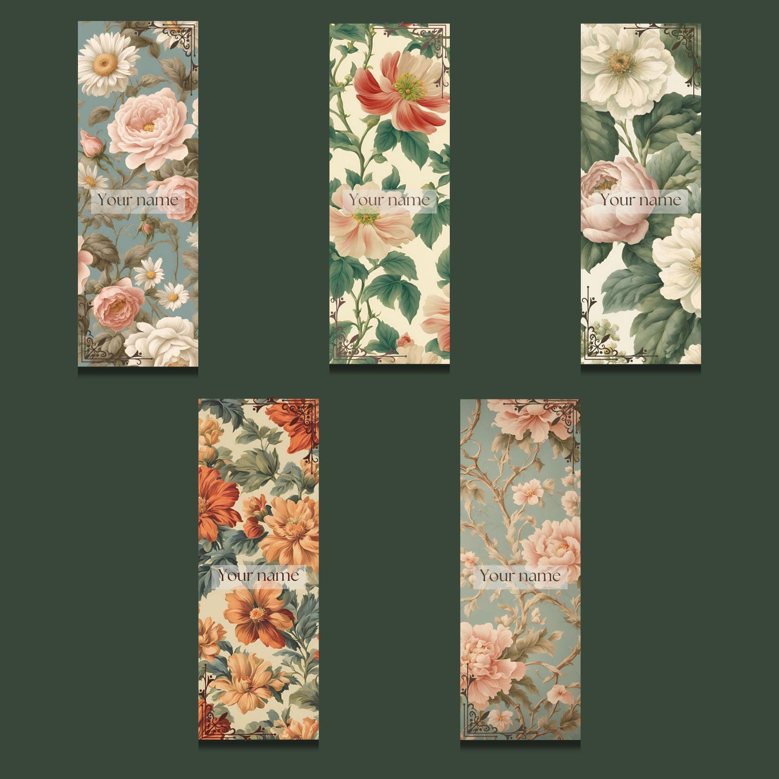 5 Vintage Customizable Flower Printable Bookmarks | Digital Download ...