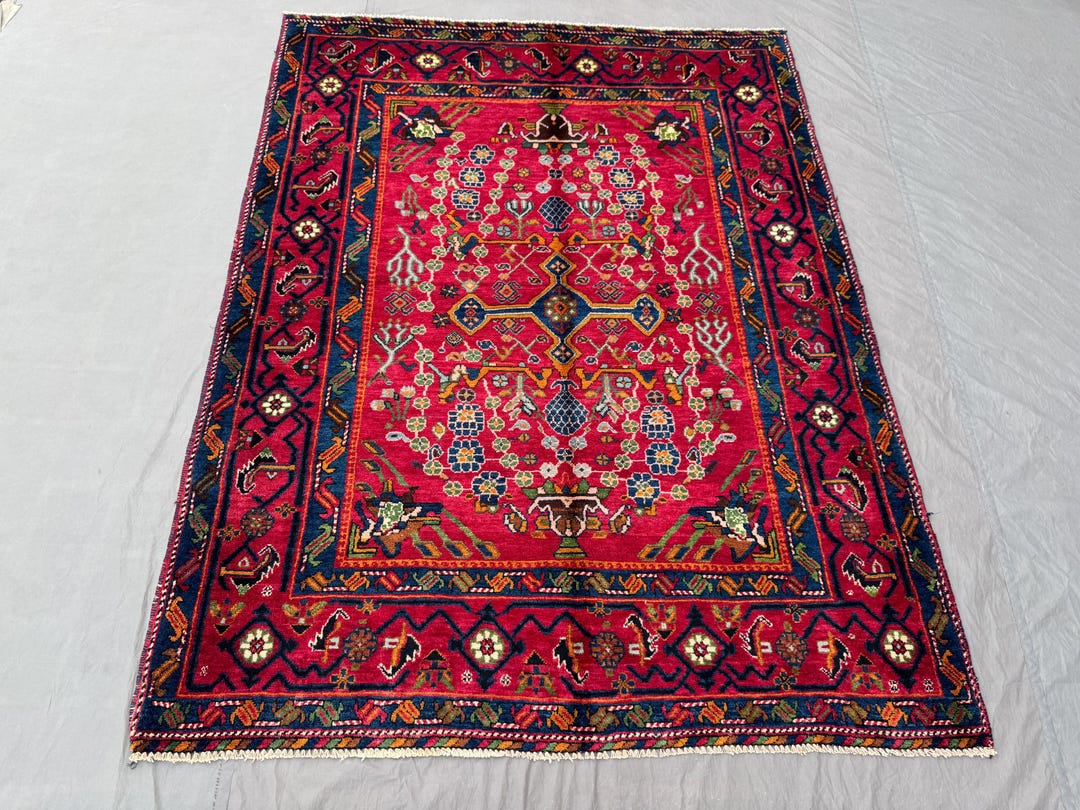 6.5x4.10 Ft Radiant Afghan Tribal Garden Design Rug – Pink & Navy Wool ...