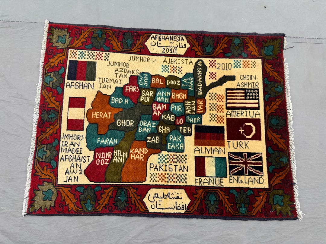 Rare Afghan Pictorial War Rug – Map of Afghanistan Design With Flags ...