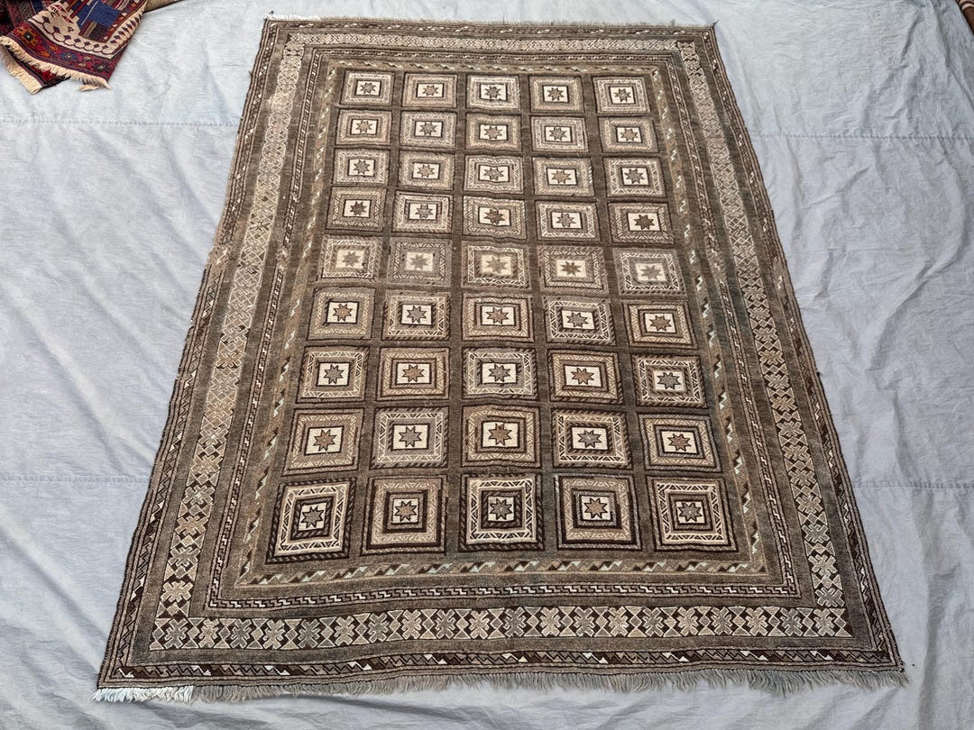Tribal Afghan Taimani Wool Rug 8x6 Ft _ With Geometric Square Design ...