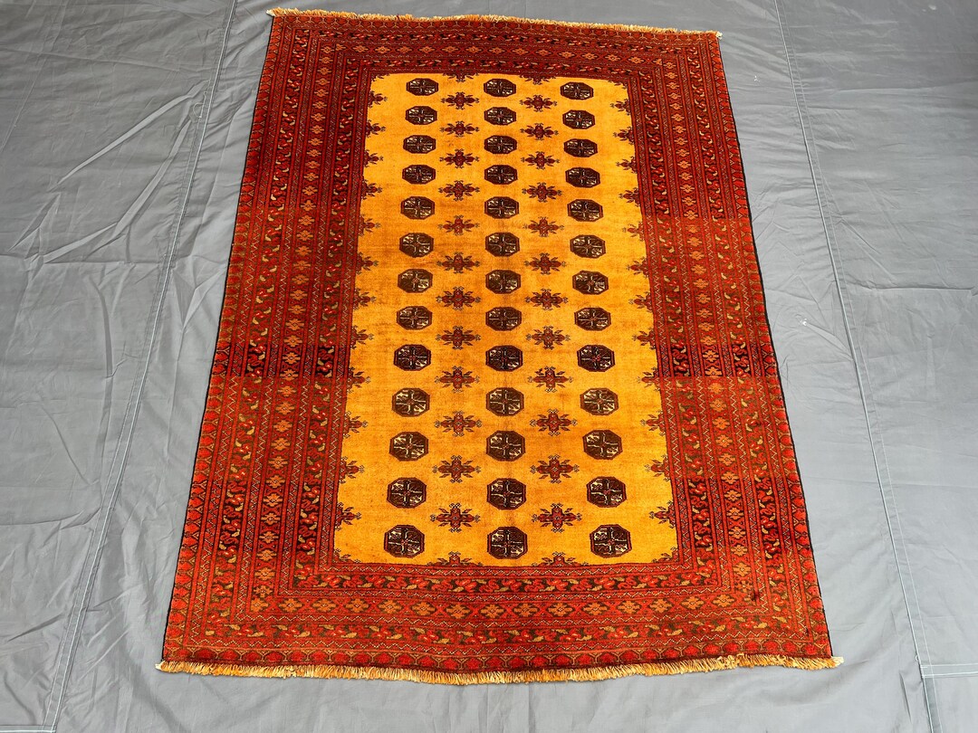 5x3.9 Ft Vibrant Afghan Ersari Wool Rug – Golden Field With Red Borders ...