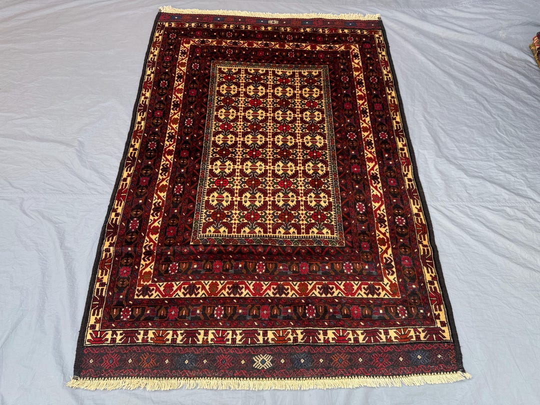 Elegant Afghan Tribal Wool Rug 6x4 Ft _ Deep Red & Cream Gul Pattern ...