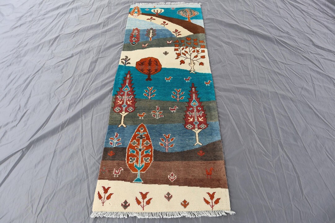 6 Ft Runner Rug - Blue Cream Tree of Life Runner Rug - Afghan Hand ...